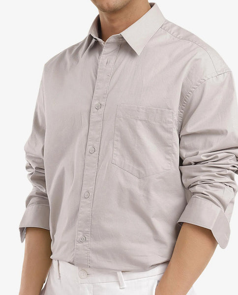 Rare Rabbit Men's Lewi Light Grey Cotton Plain Boxy Fit Full Sleeve Co