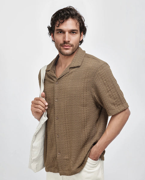 Rare Rabbit Men's Limo Brown Cotton Jacquard Regular Fit Half Sleeve C