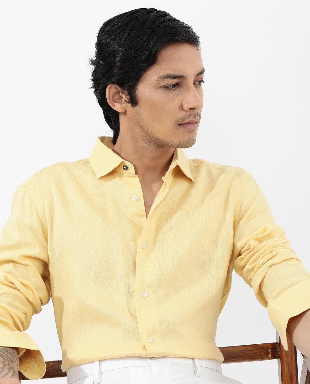 Rare Rabbit Mens Linex-1 Yellow Linen Excel Fabric Regular Collar Full