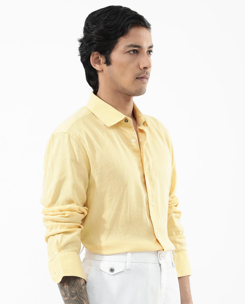 Rare Rabbit Mens Linex-1 Yellow Linen Excel Fabric Regular Collar Full