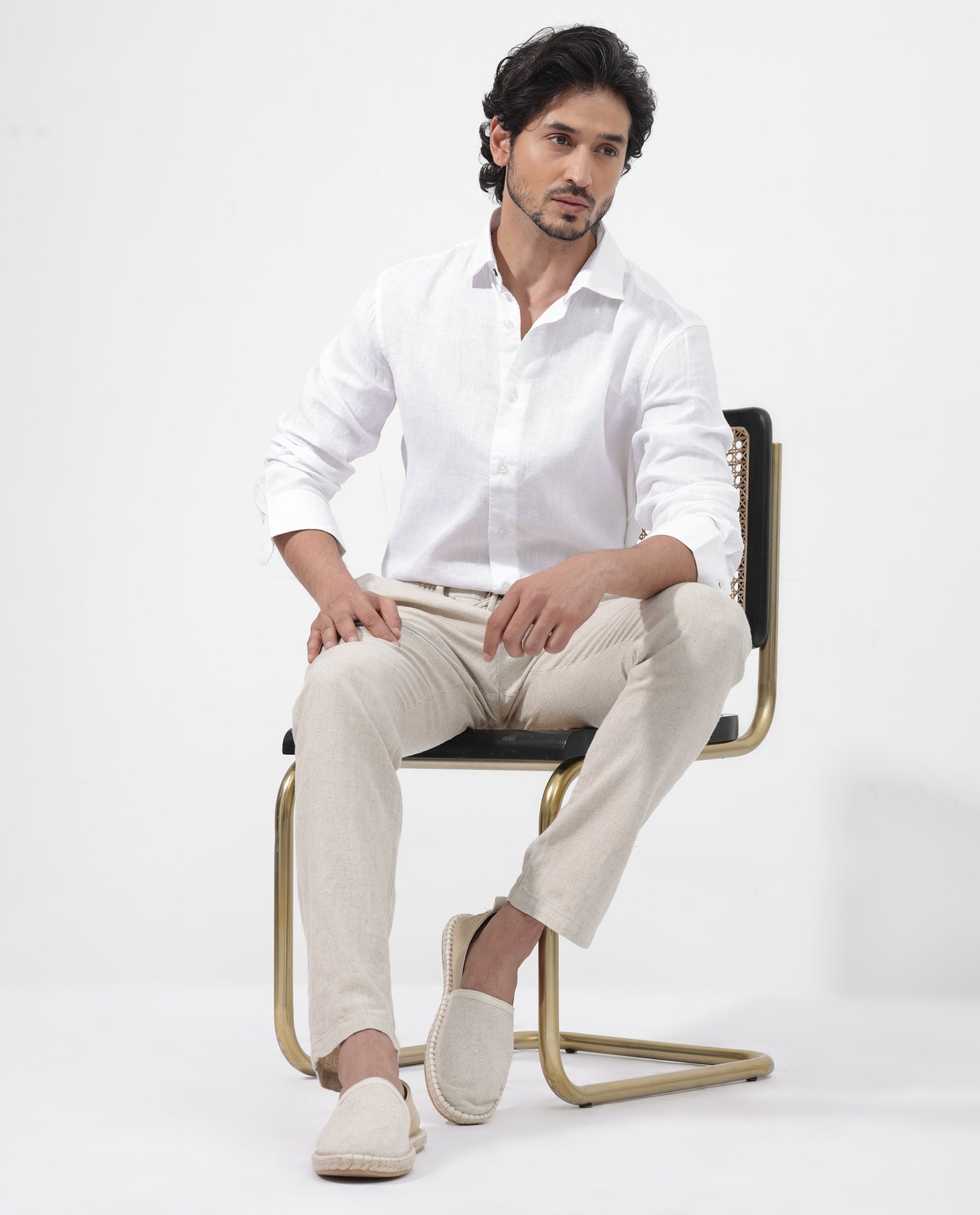 Rare Rabbit Mens Linex-1 White Linen Fabric Regular Collar Full Sleeve