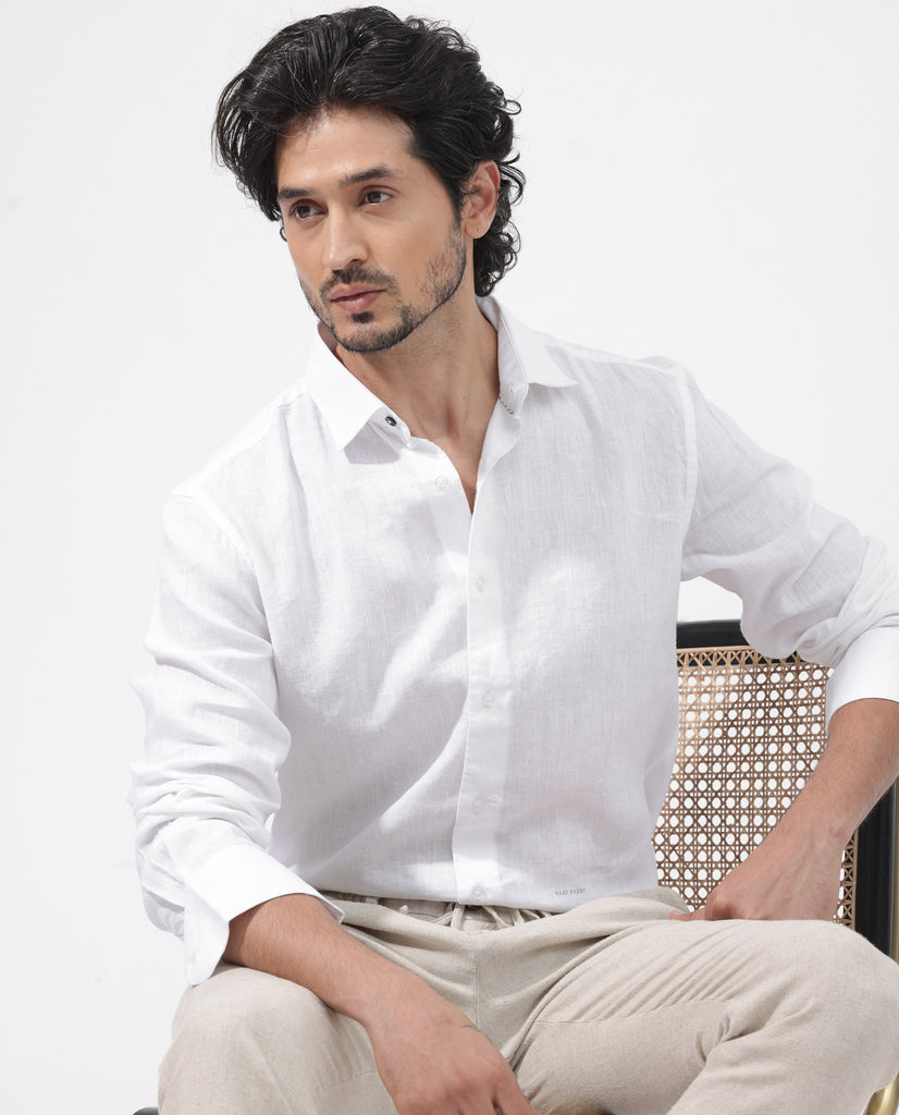 Rare Rabbit Mens Linex-1 White Linen Fabric Regular Collar Full Sleeve