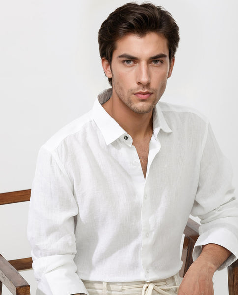 Rare Rabbit Mens Linex-1 White Linen Fabric Regular Collar Full Sleeve