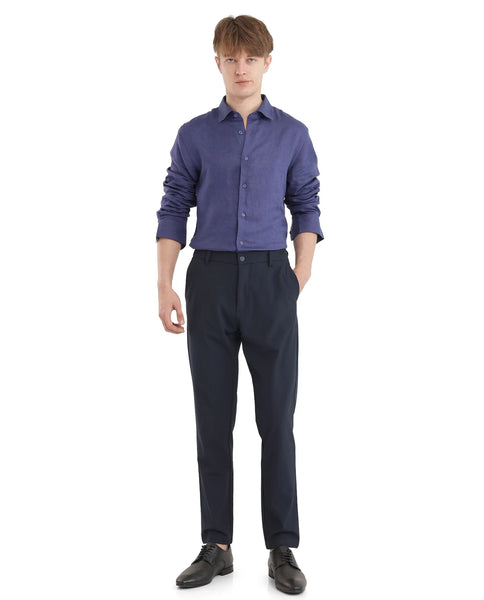 Rare Rabbit Men's Linex Ls-25 Blue Linen Blend Plain Regular Fit Full