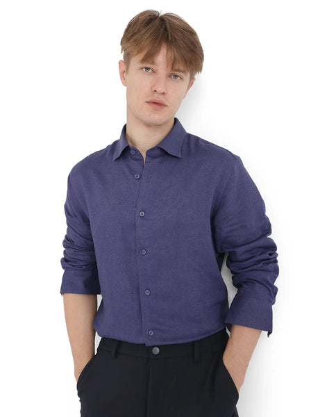 Rare Rabbit Men's Linex Ls-25 Blue Linen Blend Plain Regular Fit Full