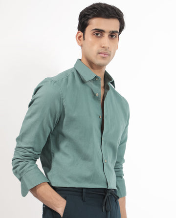 Rare Rabbit Men's Linux Green Cotton Linen Fabric Full Sleeves Regular