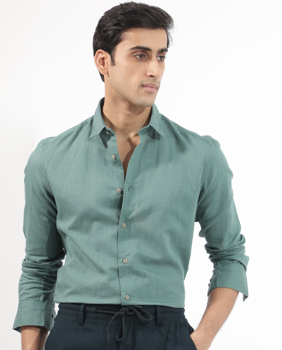 Rare Rabbit Men's Linux Green Cotton Linen Fabric Full Sleeves Regular