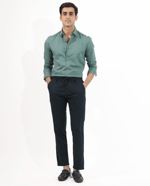 Rare Rabbit Men's Linux Green Cotton Linen Fabric Full Sleeves Regular