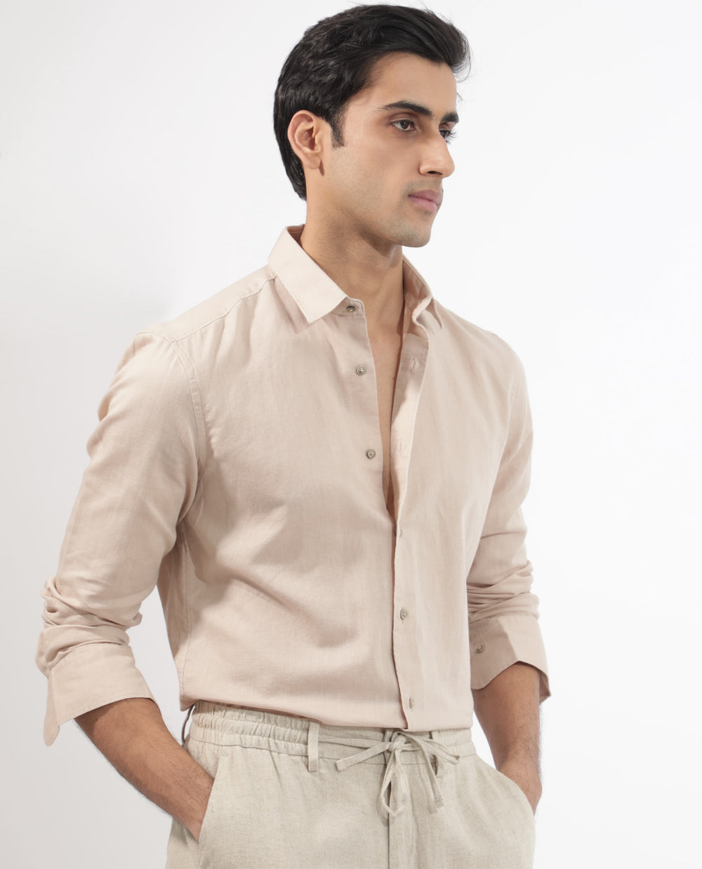 Rare Rabbit Men's Linux Light Beige Cotton Linen Fabric Full Sleeves R