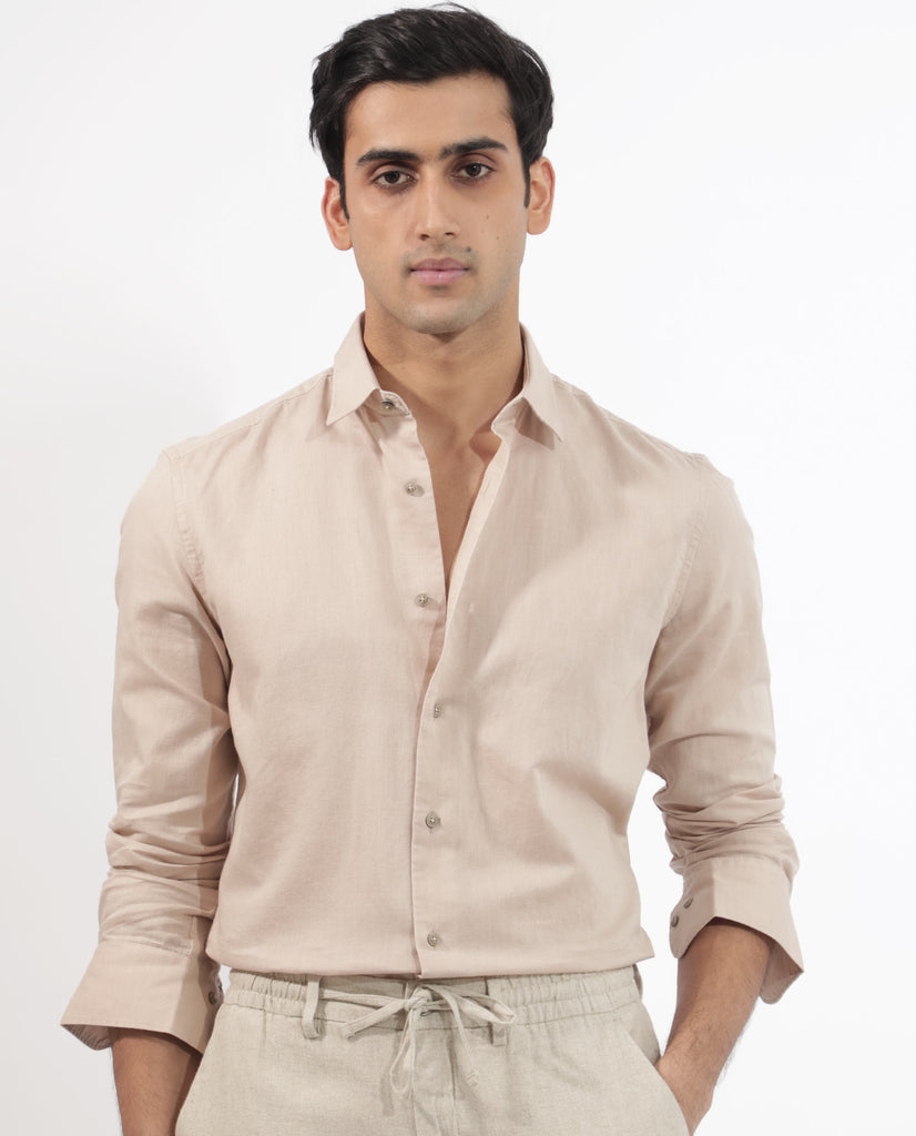 Rare Rabbit Men's Linux Light Beige Cotton Linen Fabric Full Sleeves R