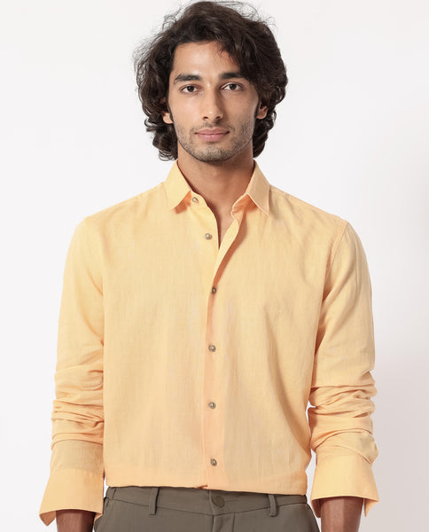 Rare Rabbit Men's Linux Light Yellow Cotton Linen Fabric Full Sleeves