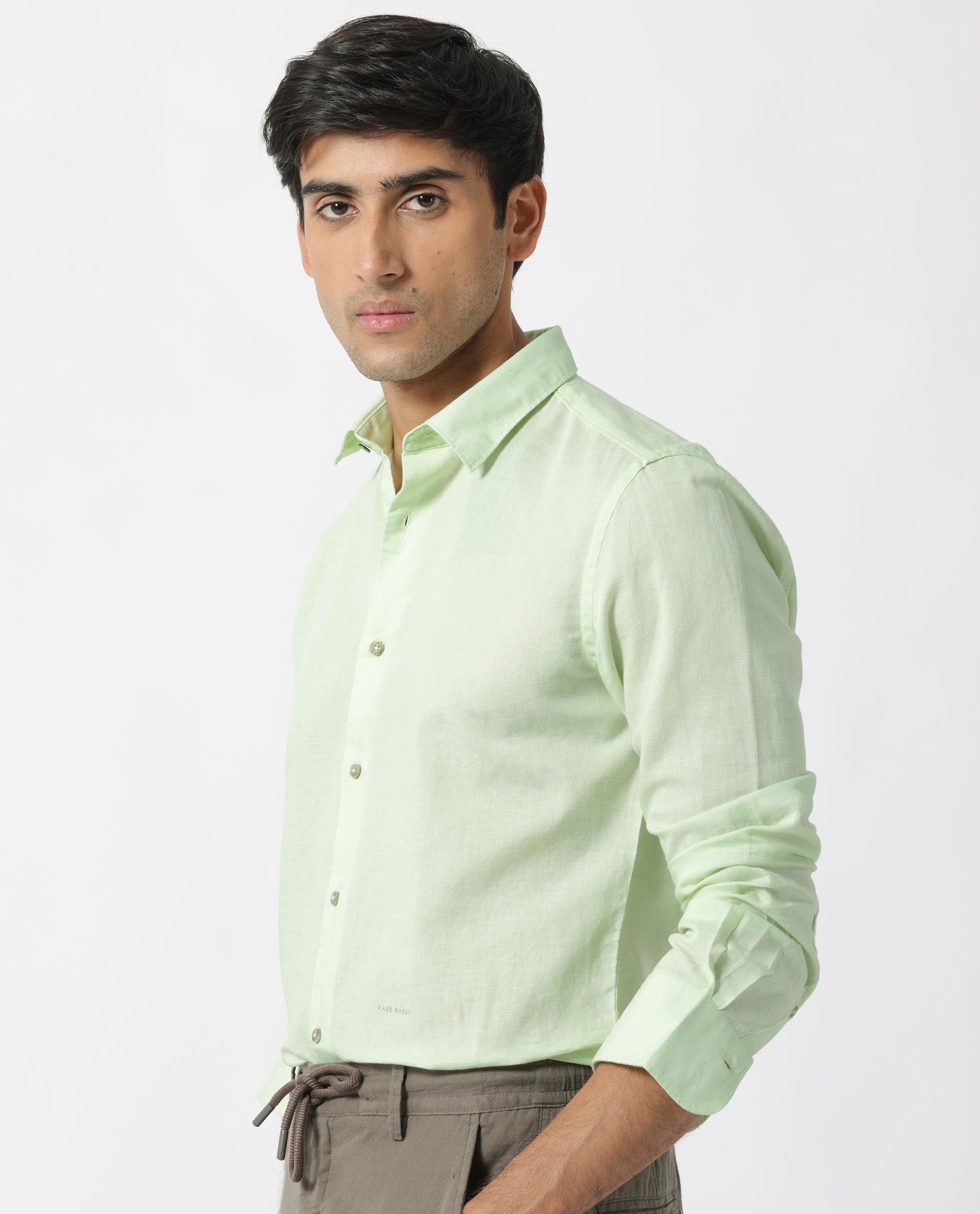 Rare Rabbit Men's Linux Pastel Green Cotton Linen Fabric Full Sleeves