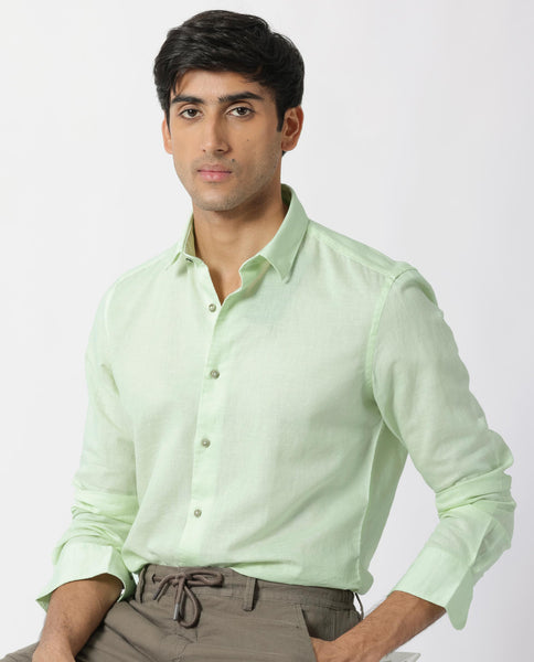 Rare Rabbit Men's Linux Pastel Green Cotton Linen Fabric Full Sleeves