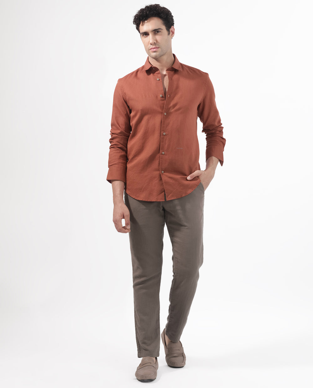 Rare Rabbit Men's Linux Rust Linen Full Sleeves Solid Shirt