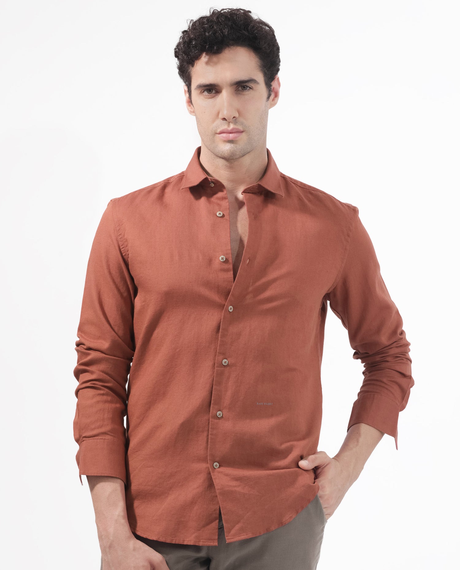 Rare Rabbit Men's Linux Rust Cotton Linen Fabric Full Sleeves Regular