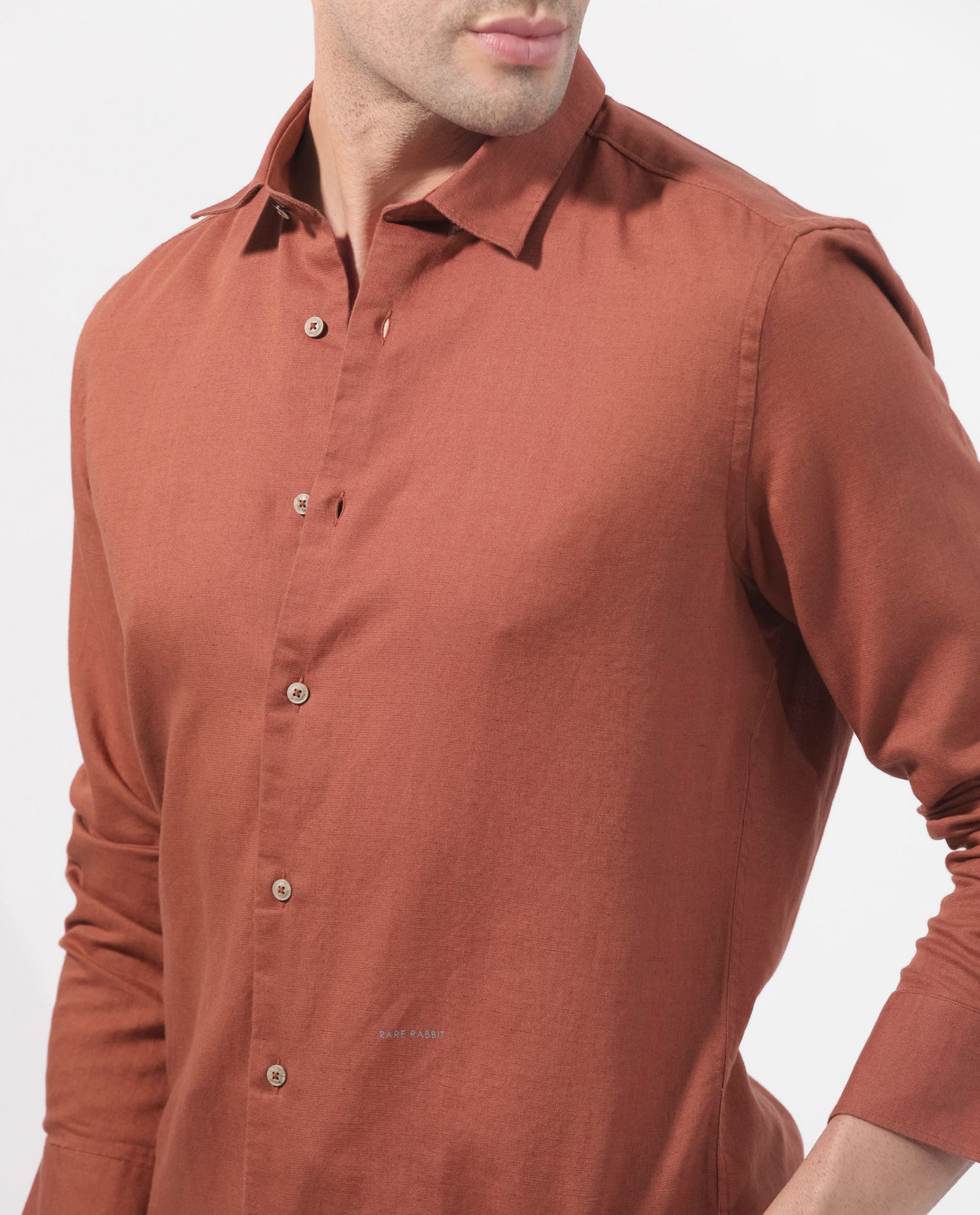 Rare Rabbit Men's Linux Rust Cotton Linen Fabric Full Sleeves Regular