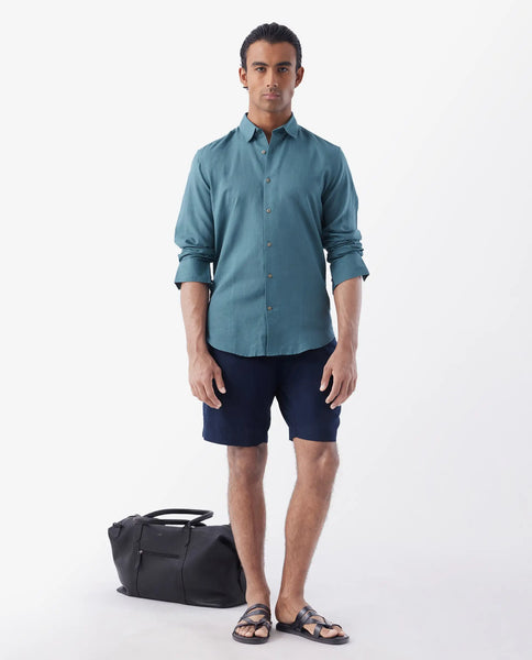 Rare Rabbit Men's Linux Green Linen Cotton Fabric Full Sleeves Regular