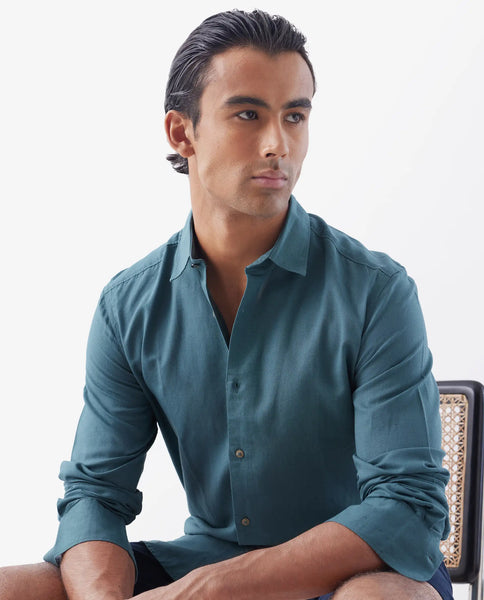 Rare Rabbit Men's Linux Green Linen Cotton Fabric Full Sleeves Regular