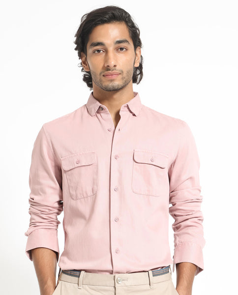 Rare Rabbit Men's Lipton Light Peach Cotton Fabric Full Sleeves Twill