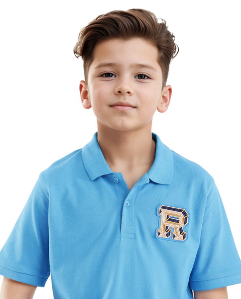 Rare Ones Kids Luan Light Blue Cotton Short Sleeve Applique Print Polo