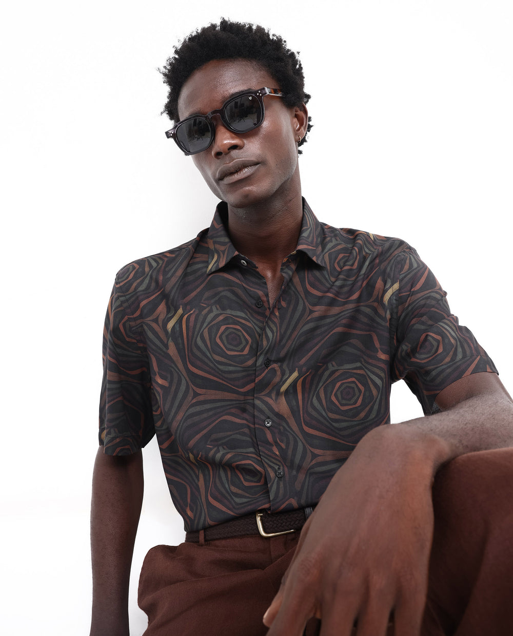 Rare Rabbit Men's Marfik Black Viscose Fabric Short Sleeve Boxy Fit Ab