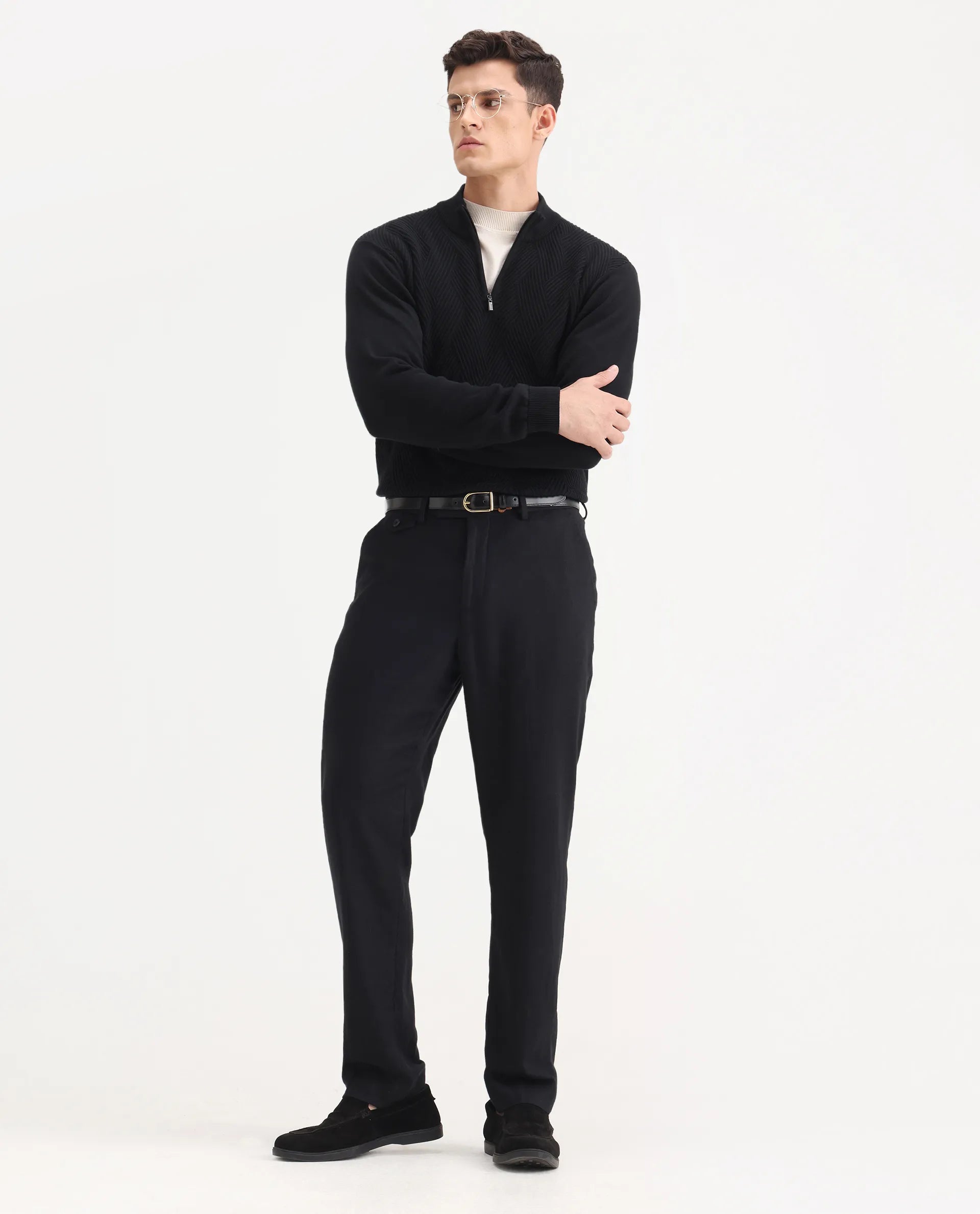 Rare Rabbit Men's Masoni-B Black Linen Blend Plain Relaxed Fit Trouser