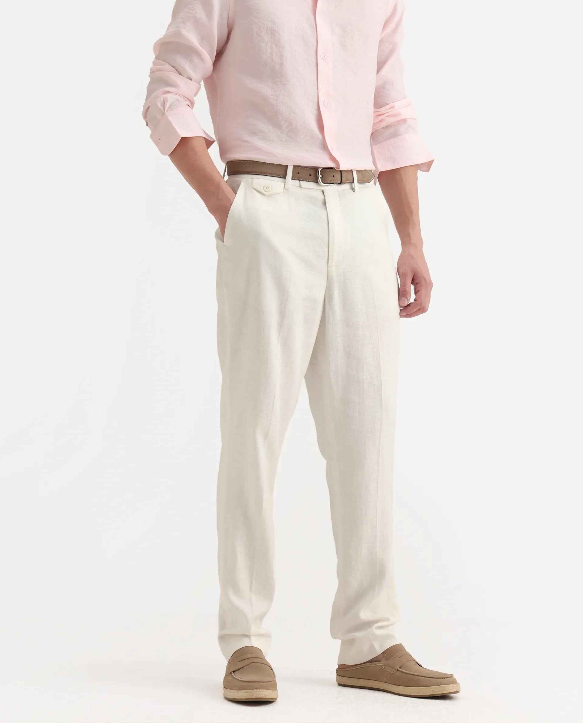 Rare Rabbit Men's Masoni-B Off White Linen Blend Plain Relaxed Fit Tro