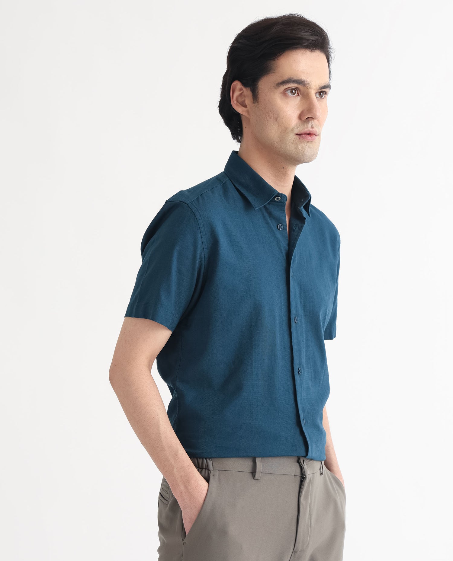 RARE RABBIT MEN'S MATTO PETROL SHIRT SHORT SLEEVES COLLARED NECK SOLID