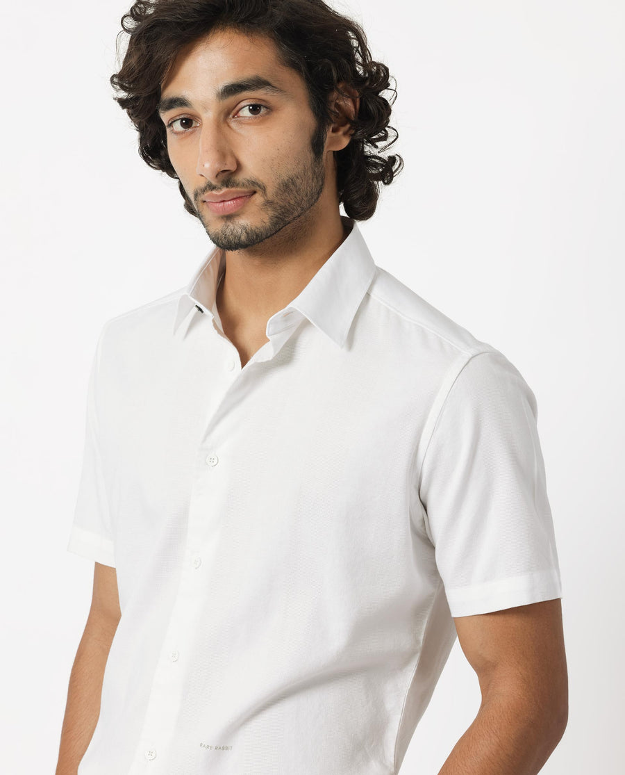 Rare Rabbit Men's Matto White Cotton Self Stripe Dobby Half Sleeves Sh