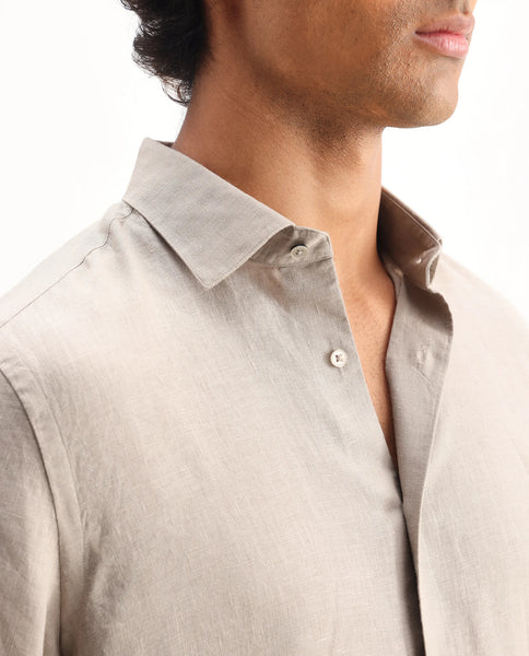 Rare Rabbit Men's Mavi Beige Linen Plain Regular Fit Full Sleeve Colla