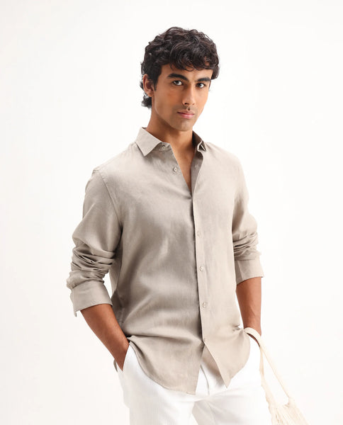Rare Rabbit Men's Mavi Beige Linen Plain Regular Fit Full Sleeve Colla