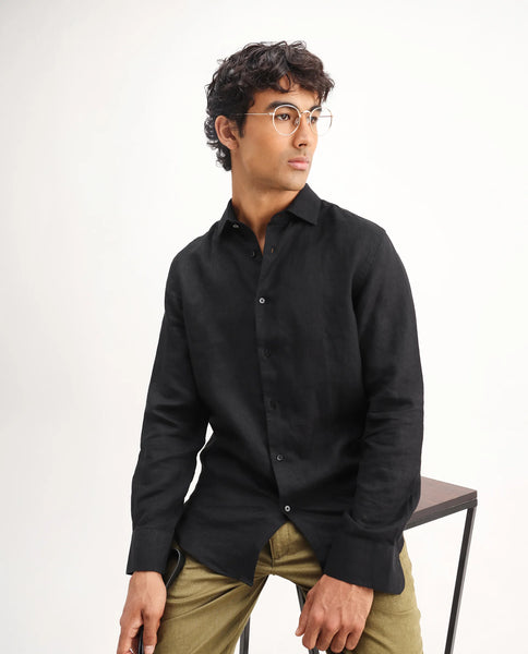 Rare Rabbit Men's Mavi Black Linen Plain Regular Fit Full Sleeve Colla