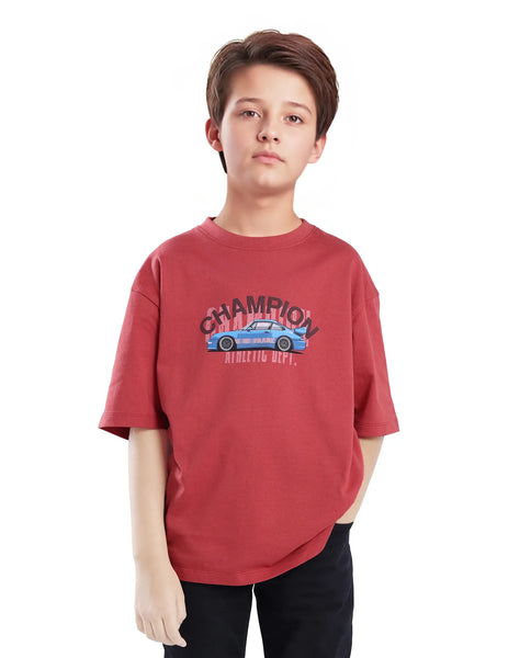 Rare Ones Kids Max Dusky Red Cotton Printed Slip-On Oversized Fit T-Sh