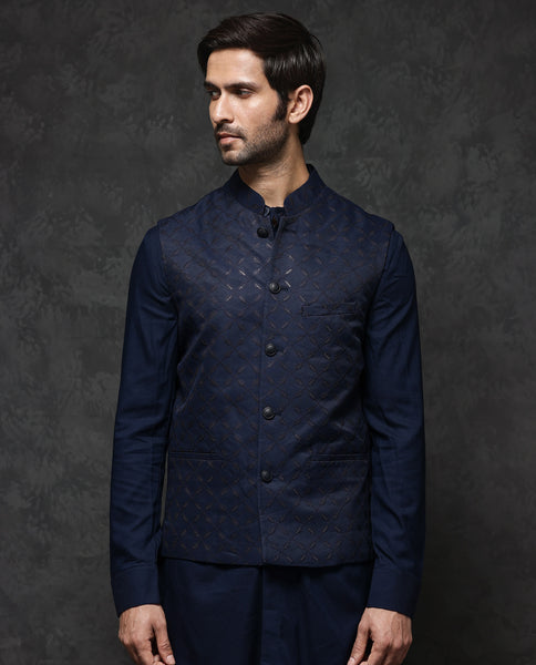 Rare Rabbit Men's Medo-Kpb Dark Navy Kurta-Suit