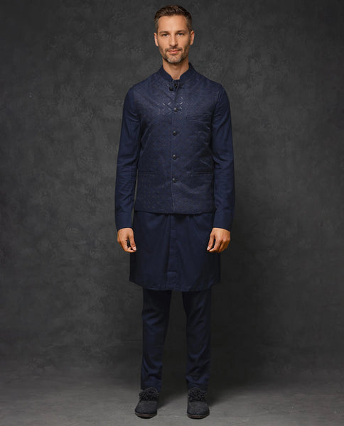 Rare Rabbit Men's Medo-Kpb Dark Navy Kurta-Suit
