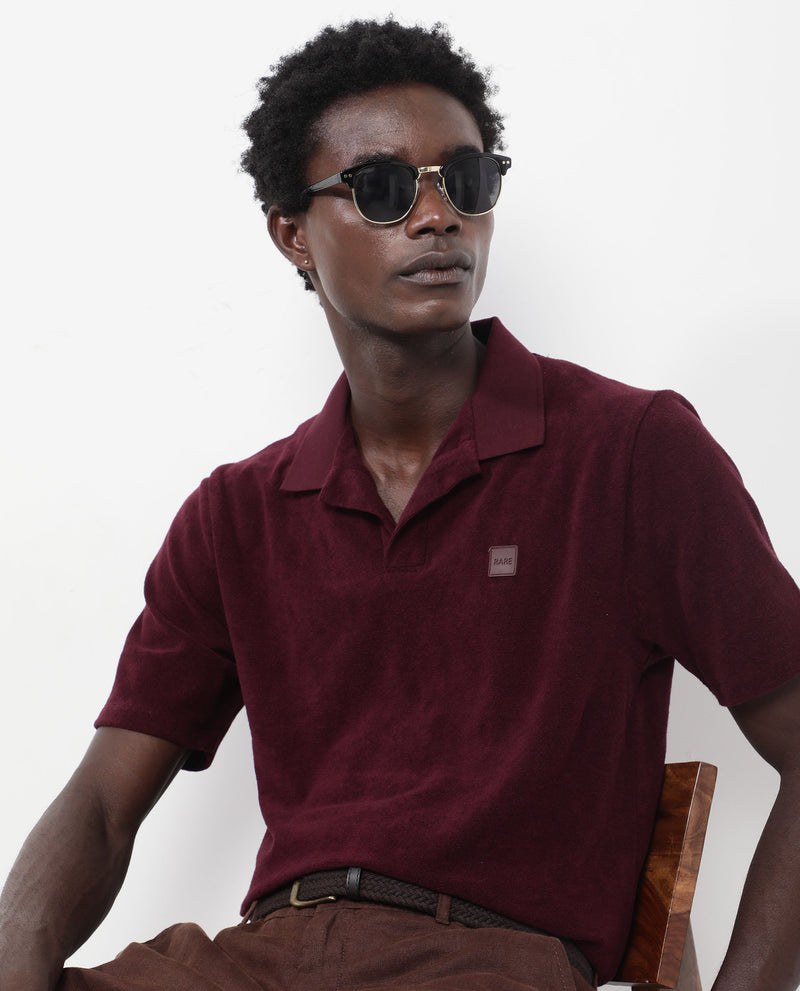 Rare Rabbit Men's Merk Dark Maroon Cotton Polyester Fabric Short Sleev