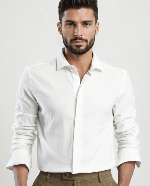 Rare Rabbit Men's Mero-25 White Viscose Striped Print Regular Fit Full