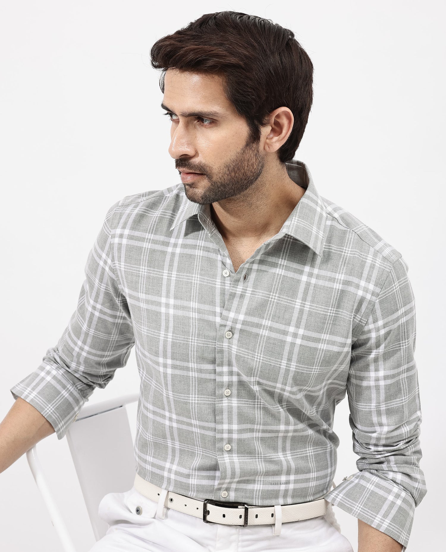 Rare Rabbit Mens Milton Grey Cotton Fabric Full Sleeve Regular Fit Che