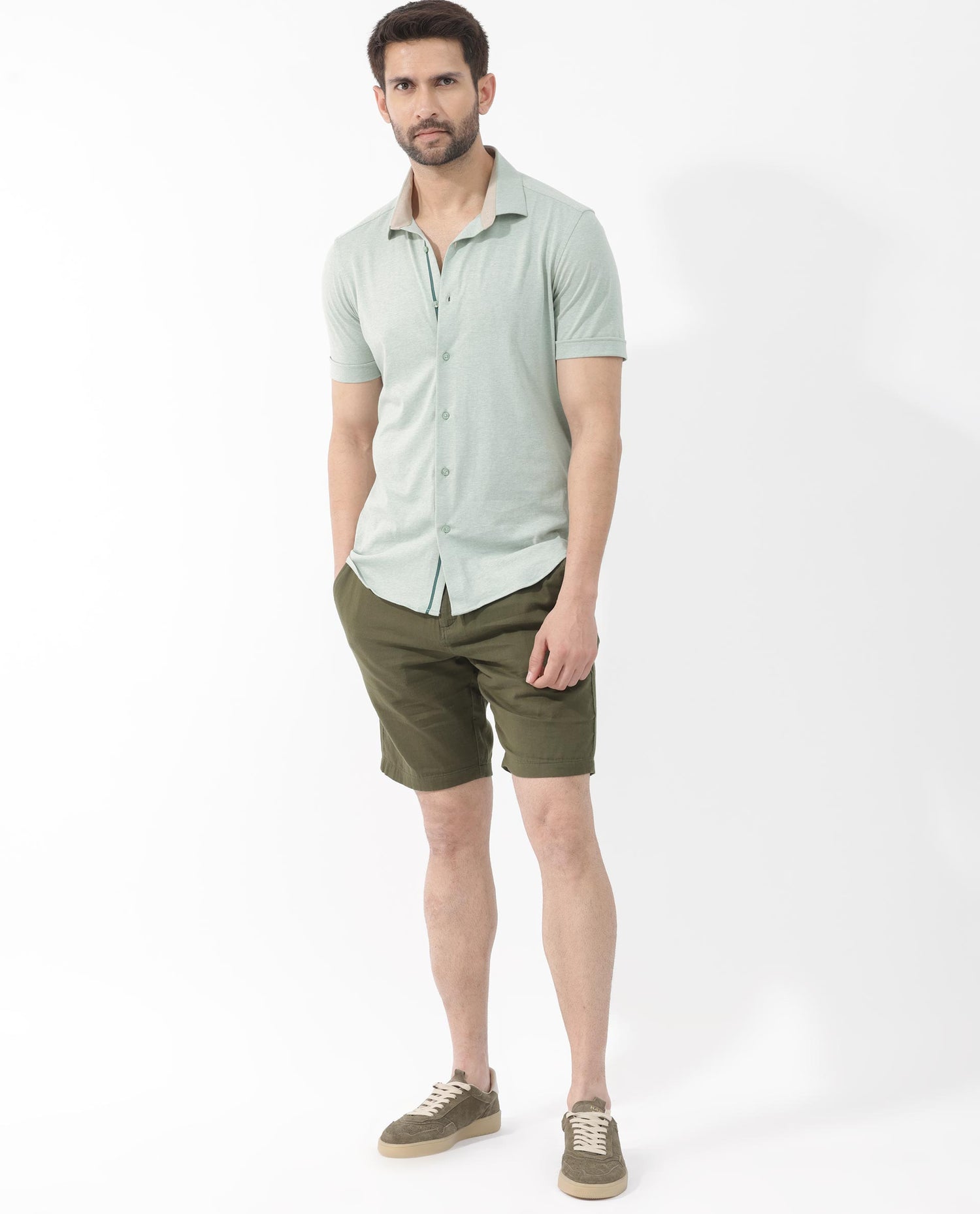 Rare Rabbit Men's Miraje Pastel Green Cotton Fabric Half Sleeves Solid