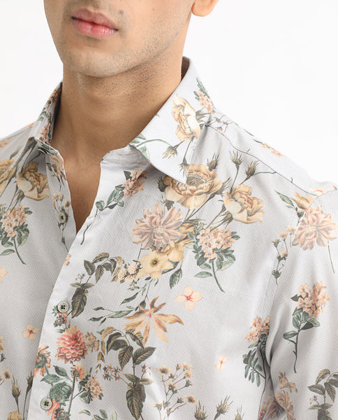 Rare Rabbit Men's Misa Grey Full Sleeves Floral Printed Shirt