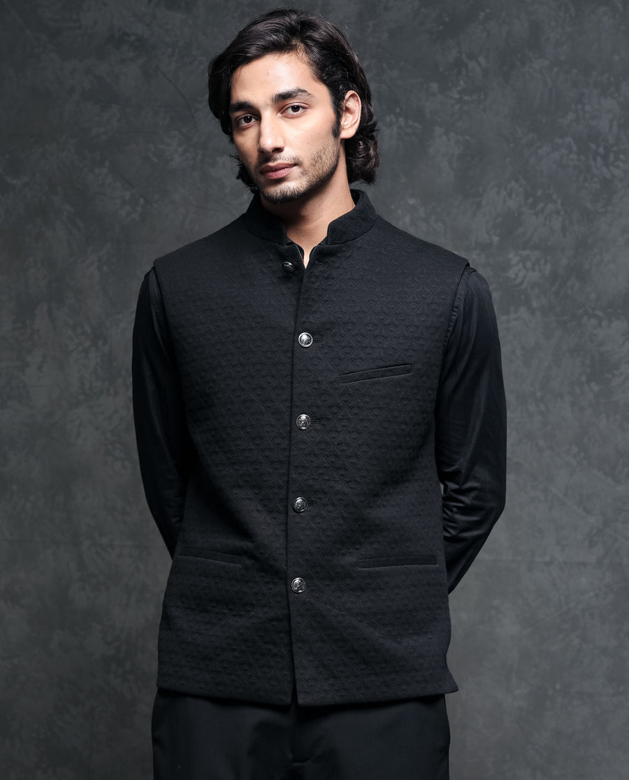 Rare Rabbit Men's Mitzi Black Mandarin Collar Tailored Fit Geometric J