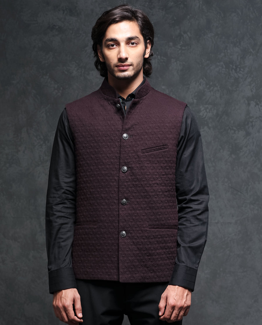 Rare Rabbit Men's Mitzi Dark Maroon Mandarin Collar Knitted Jacquard T