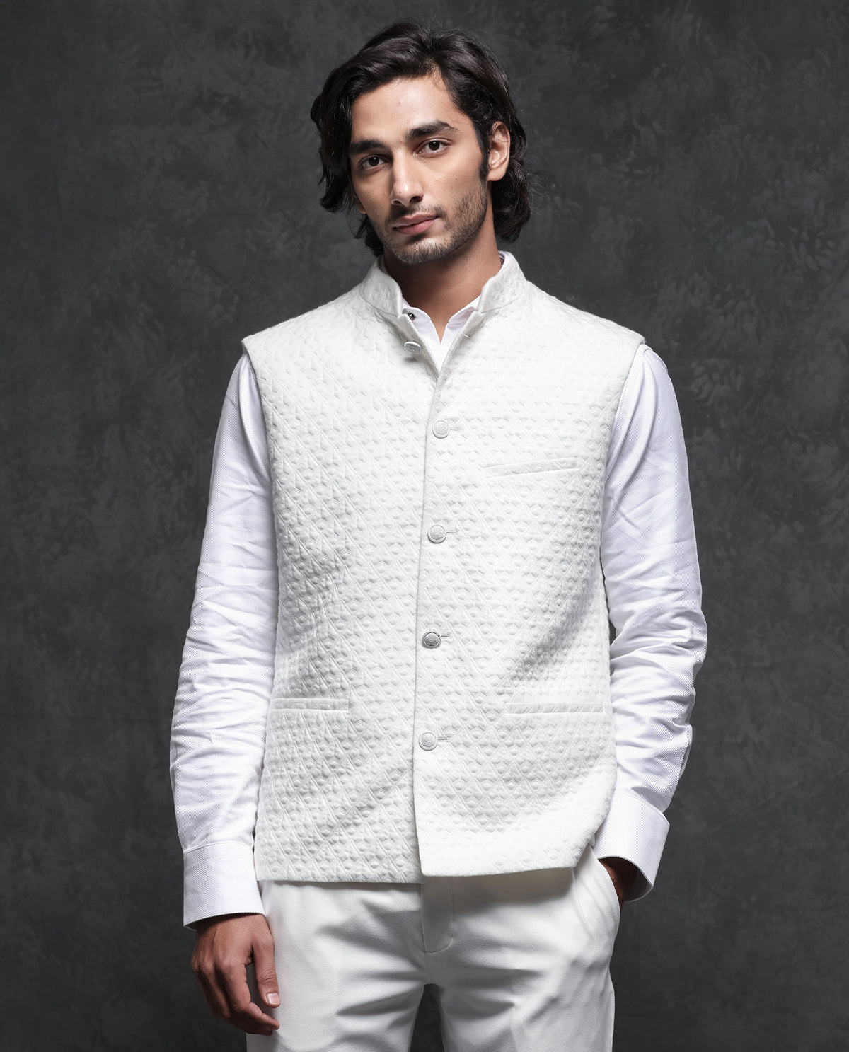 Rare Rabbit Men's Mitzi Off-White Mandarin Collar Tailored Fit Geometr