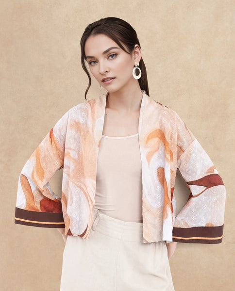 Rareism Women's Modena Light Brown Cotton Shawl Collar Abstract Print