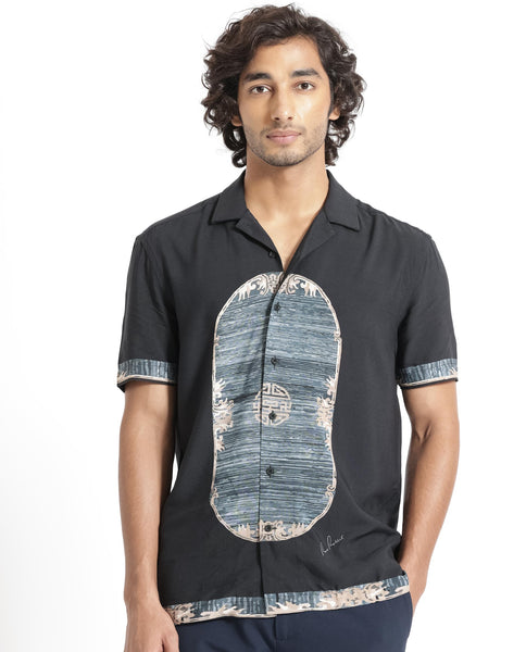 Rare Rabbit Men's Morca Black Viscose Fabric Abstract Print Half Sleev