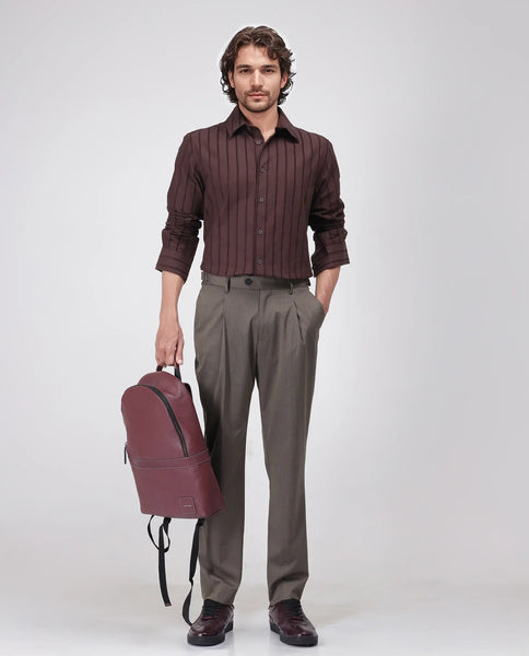 Rare Rabbit Men's Naji Dark Brown Cotton Blend Fabric Relaxed Fit Plai