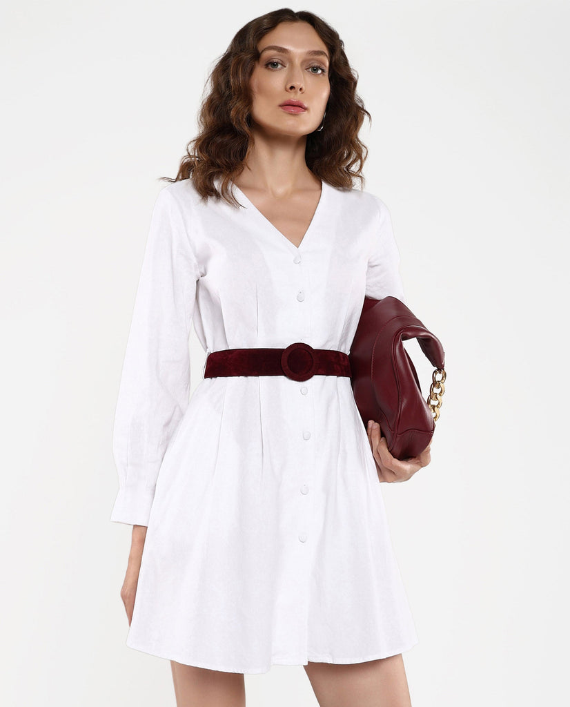 Rareism Women Nami White Cuffed Sleeves V-Neck Plain Dress