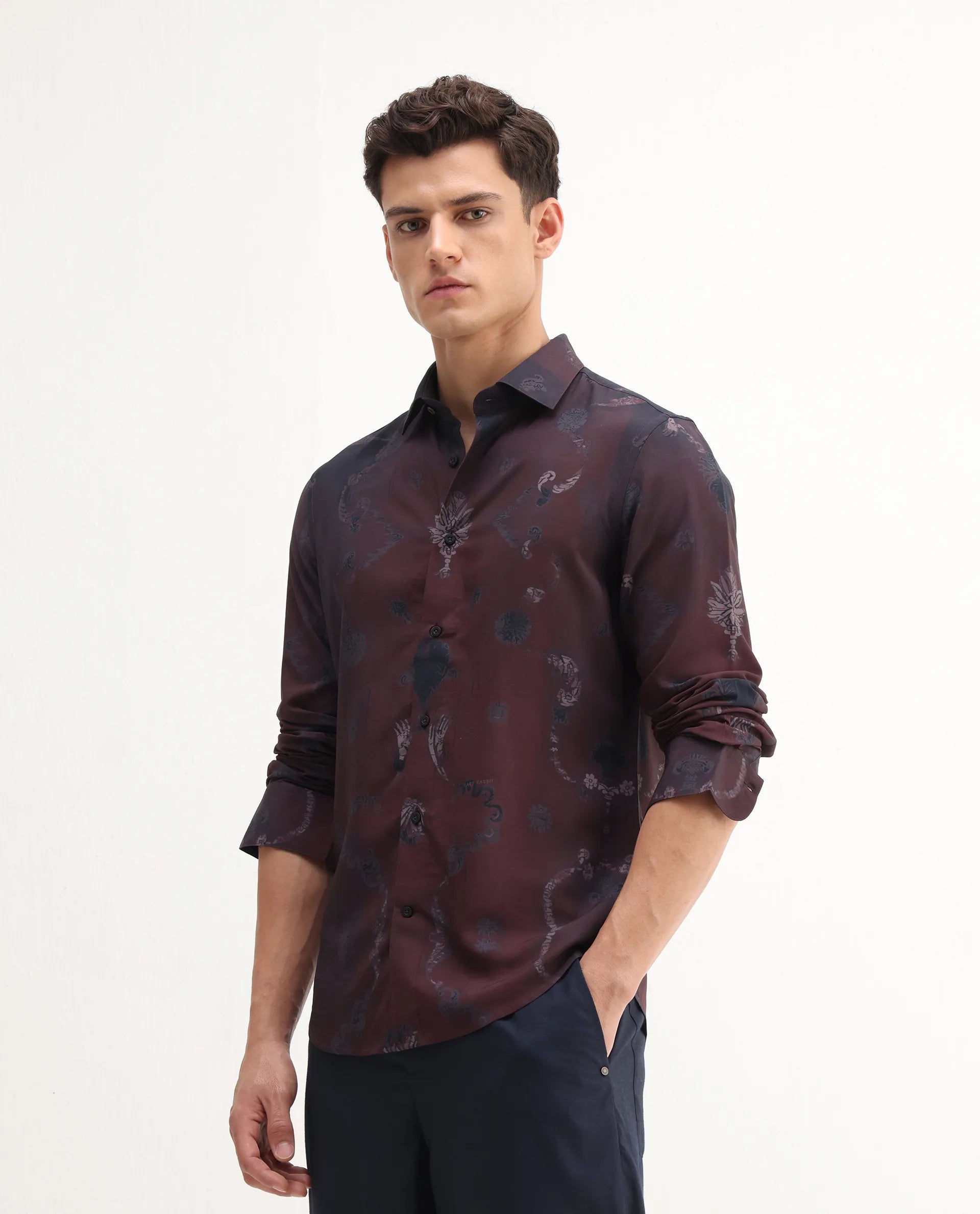 Buy Navo - Dark Maroon Regular Fit Floral Print Shirt| Rare Rabbit