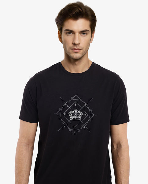 Rare Rabbit Men Naz Black Cotton Lycra Fabric Short Sleeve Crew Neck R