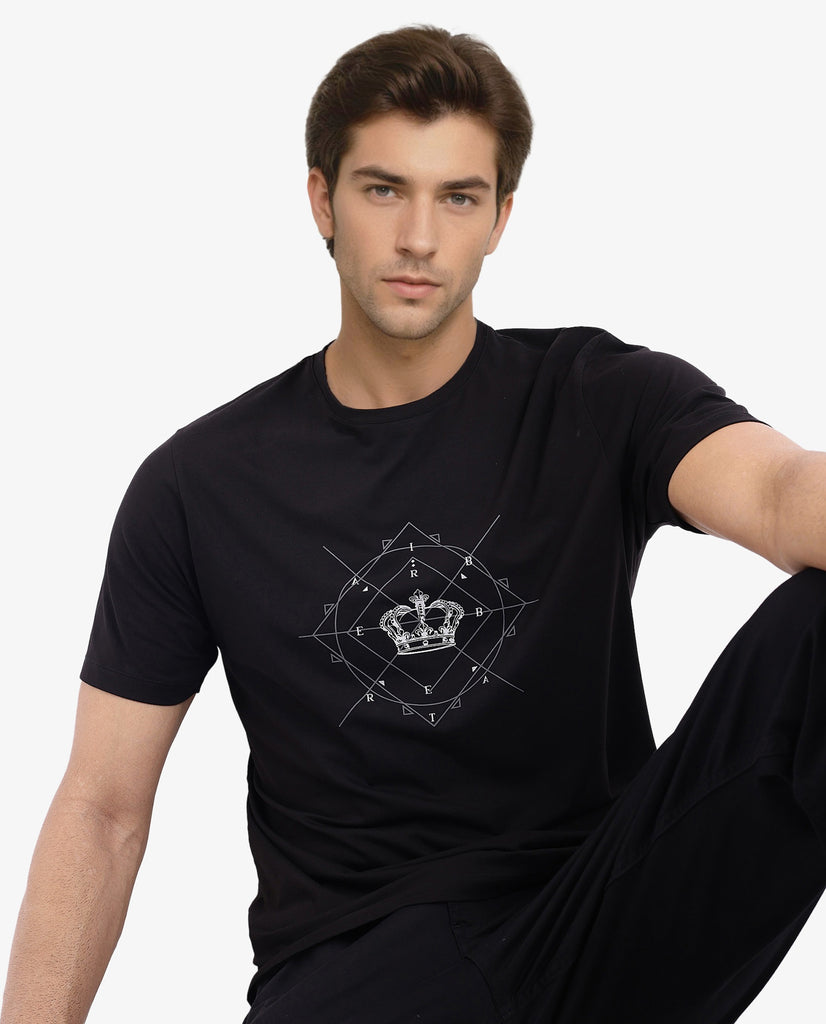 Rare Rabbit Men Naz Black Cotton Lycra Fabric Short Sleeve Crew Neck R